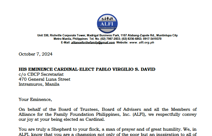 Letter to Cardinal-Elect David - ALLiance for the Family Foundation ...