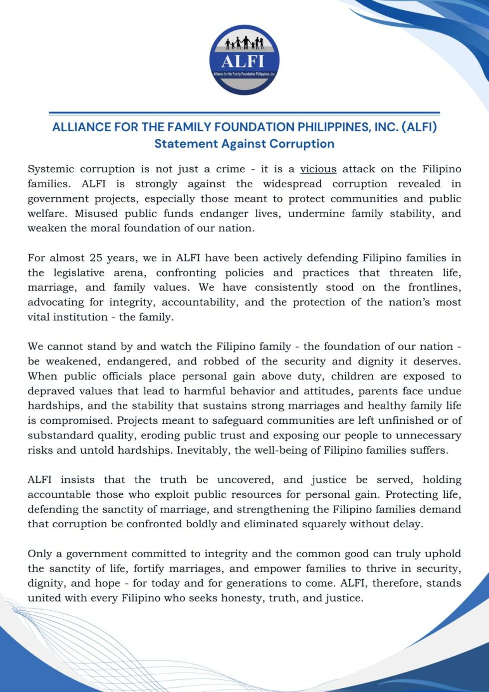 ALFI Statement Against Corruption - ALLiance for the Family Foundation ...